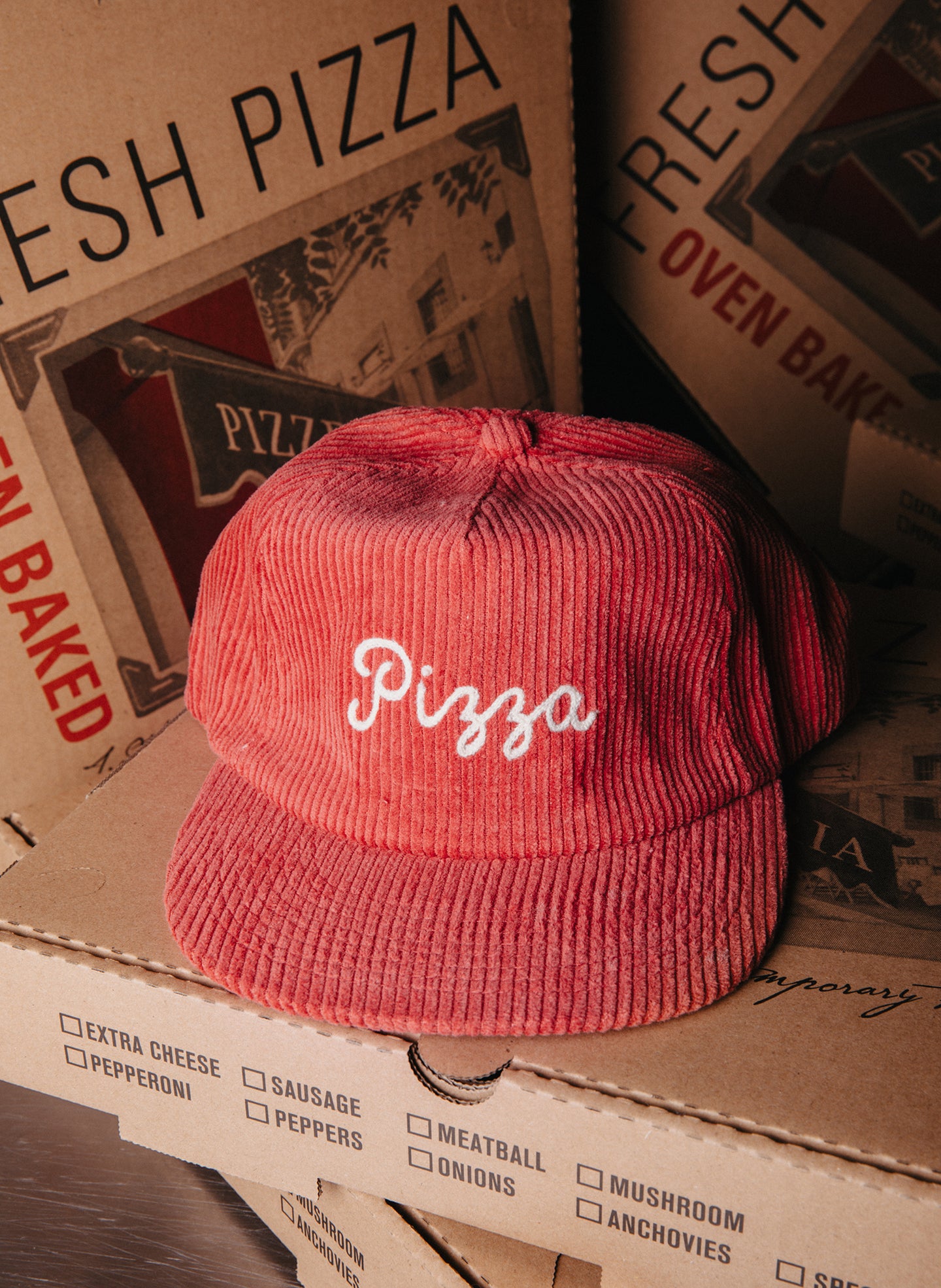 Pizza Chainstitch Hat | Red Corduroy Embroidered Cap – Pyknic