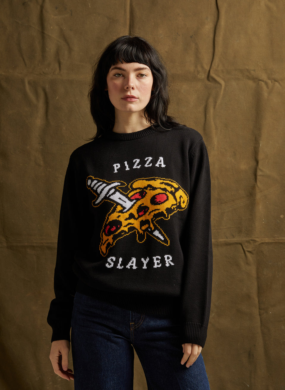Pizza Slayer Sweater | Pizza Slice Sword Knit Pullover | Pyknic