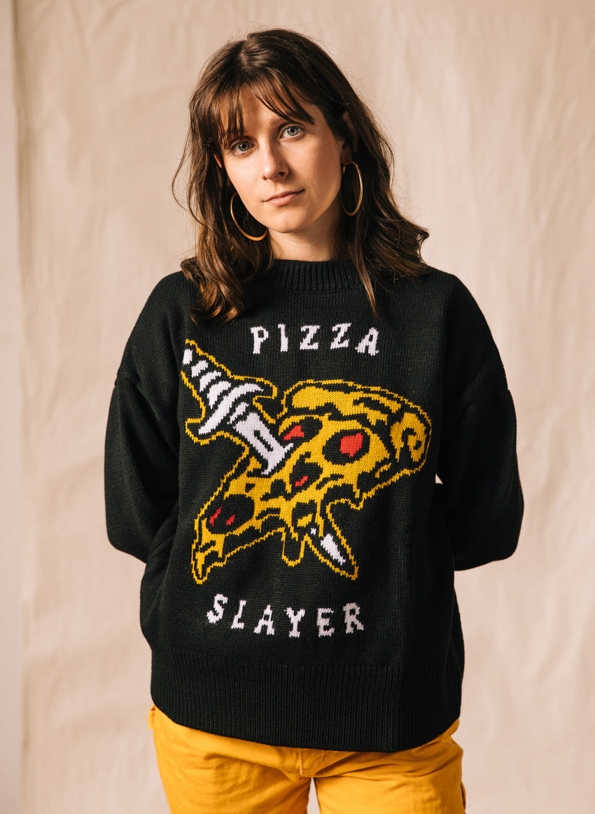 Pizza Slayer Womens Fun Pizza Slice Knit Sweater – Pyknic